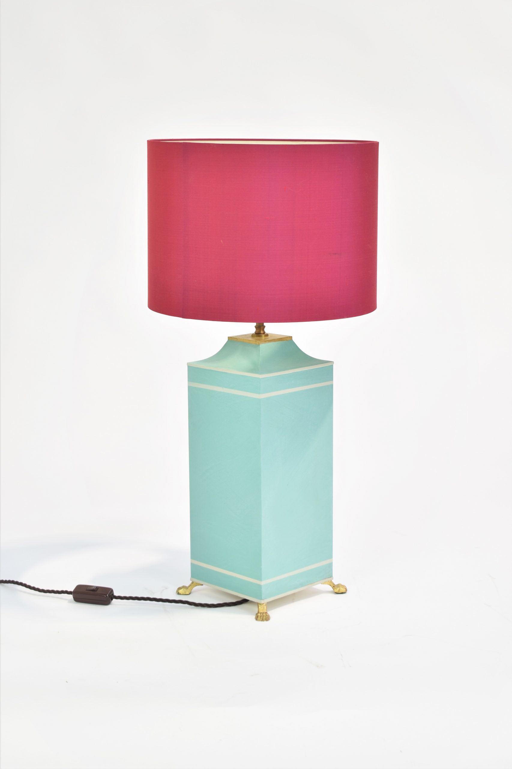 Tall Blue Table Lamp with Pink Tub Shade - The Classic Modern Prop Hire ...