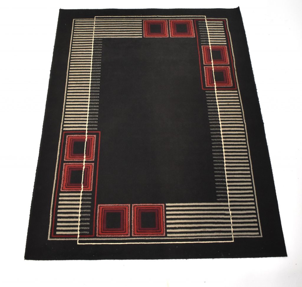 Black Rug, with Red/White Pattern - The Classic Modern Prop Hire Company